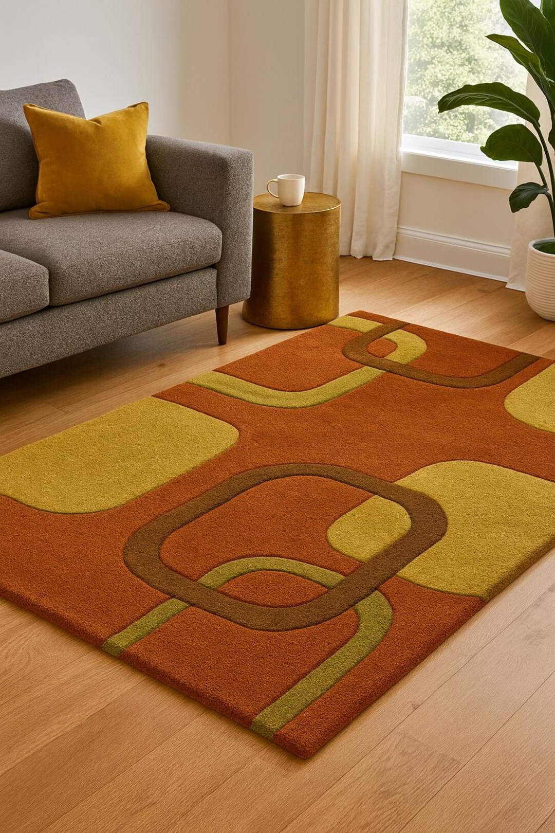 Retro Geometric Hand-tufted Area Rug – Modern Olive and Rust Squares ...