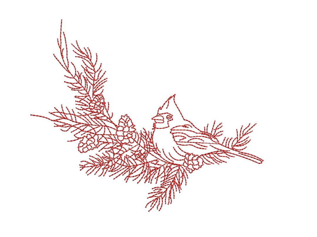 Cardinal Redwork Embroidery Design | Christmas Bird Pine Branch ...
