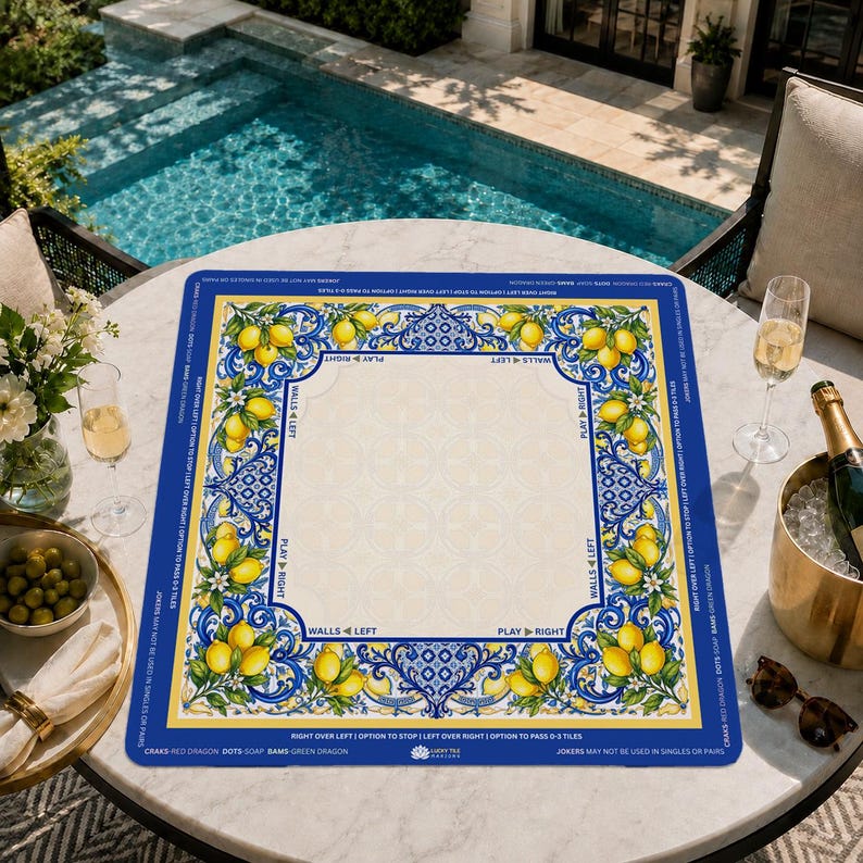 Amalfi Mahjong Mat, Blue Lemon Mediterranean Mat, 3mm Thick With Canvas ...
