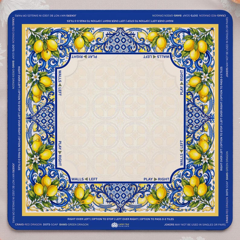 Amalfi Mahjong Mat, Blue Lemon Mediterranean Mat, 3mm Thick With Canvas ...