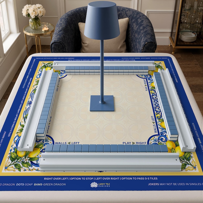 Amalfi Mahjong Mat, Blue Lemon Mediterranean Mat, 3mm Thick With Canvas ...