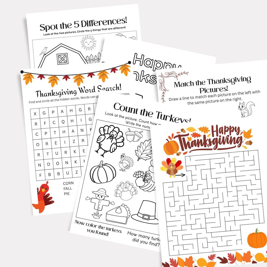 Thanksgiving Activity Bundle: Kids Games, Maze, Coloring Page PDF - Etsy