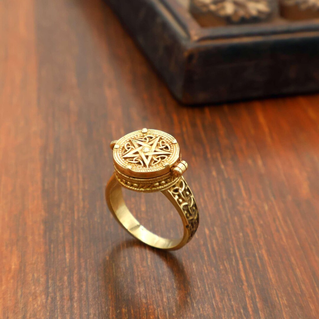Vintage Gold Pentagram Pill Box Ring: Viking Style Occult Locket Ring ...