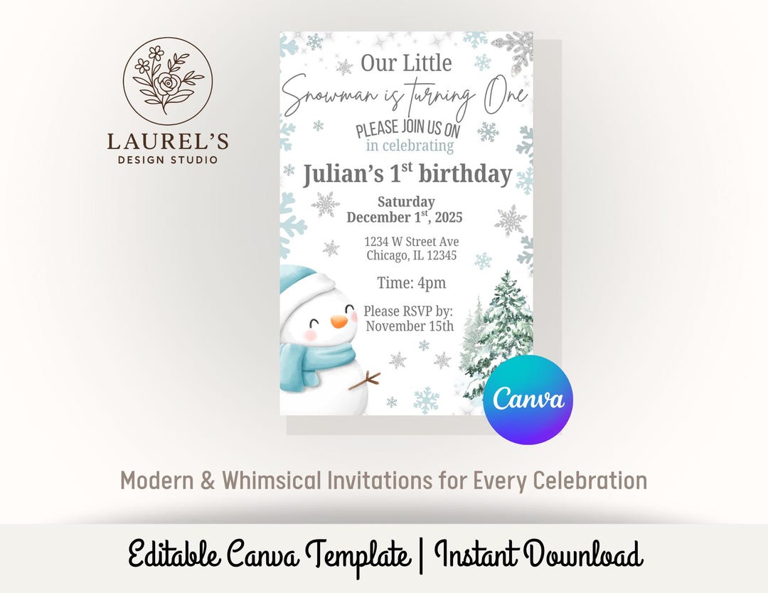 Snowman 1st Birthday Invitation Template, Winter Onederland First ...