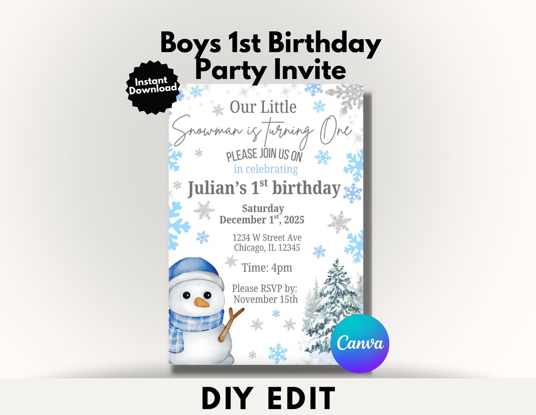 Winter Onederland Birthday Invitation Template, Snowman 1st Birthday ...