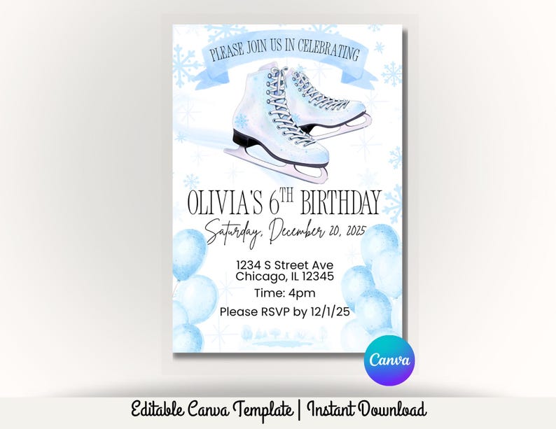 Ice Skating Birthday Invitation Template, Winter Birthday Party Invite ...