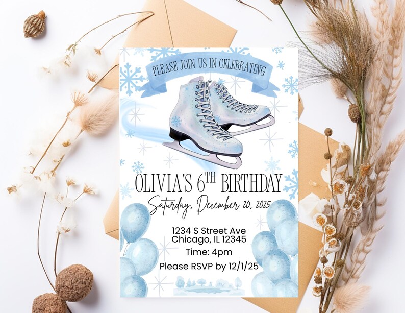 Editable Ice Skating Birthday Invitation & Thank You Card Bundle ...
