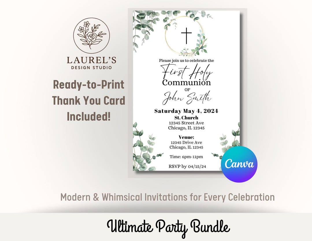 First Communion Invitation & Thank You Card – Watercolor Greenery ...