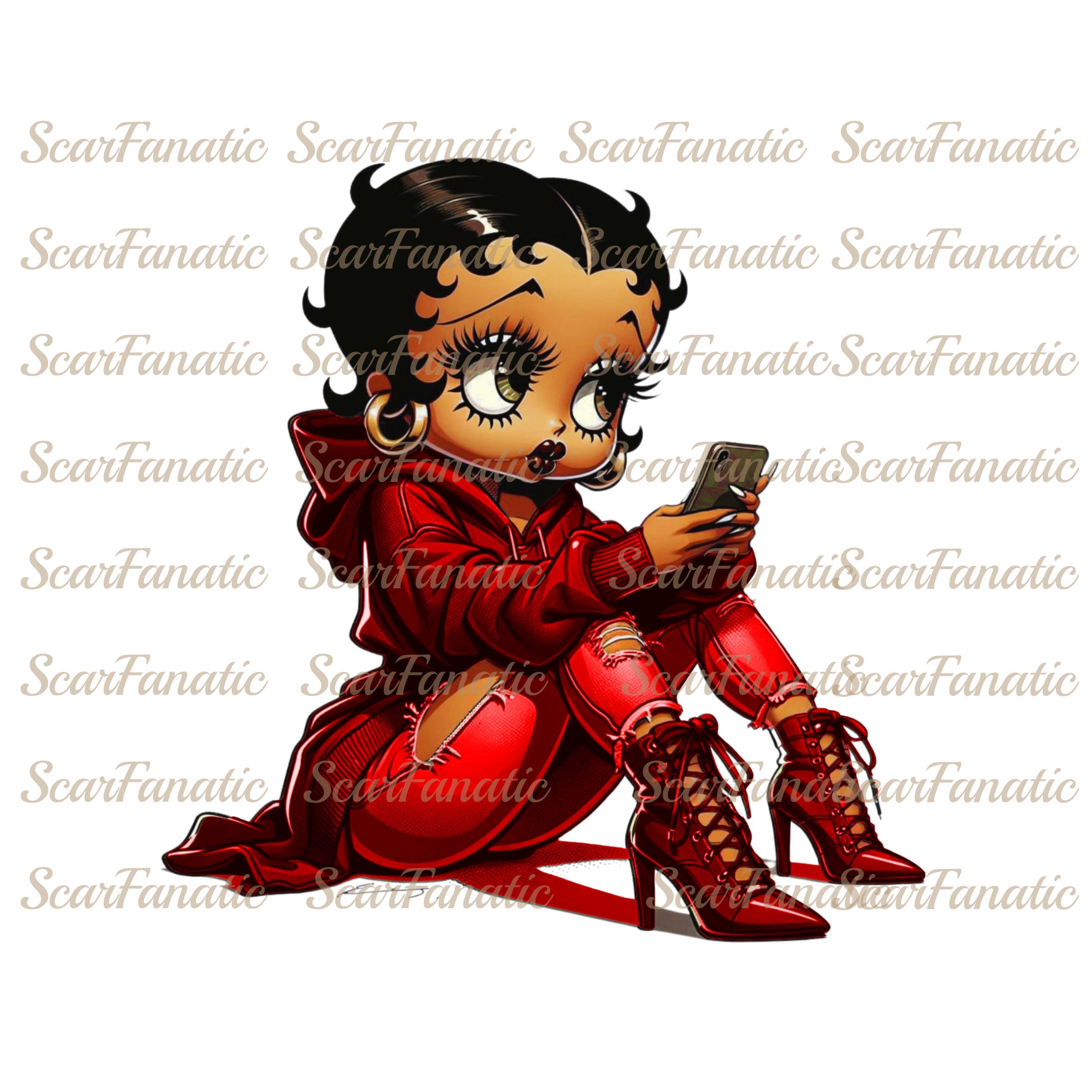 Black Betty Boop in Dark Red Hoodie, Ripped Jeans, High Heel Boots ...