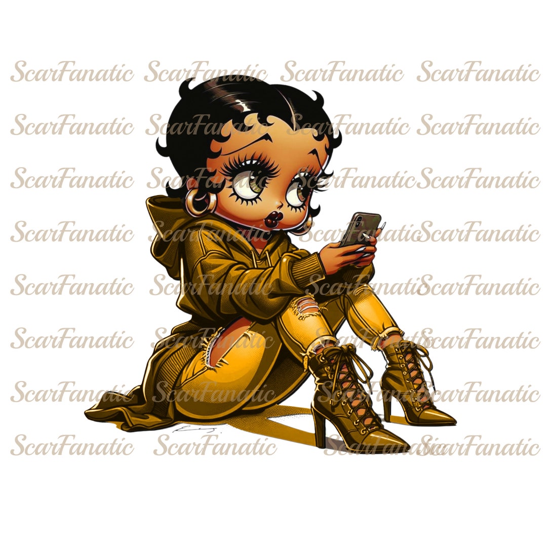 Black Betty Boop in Mustard Yellow Hoodie, Ripped Jeans, High Heel ...