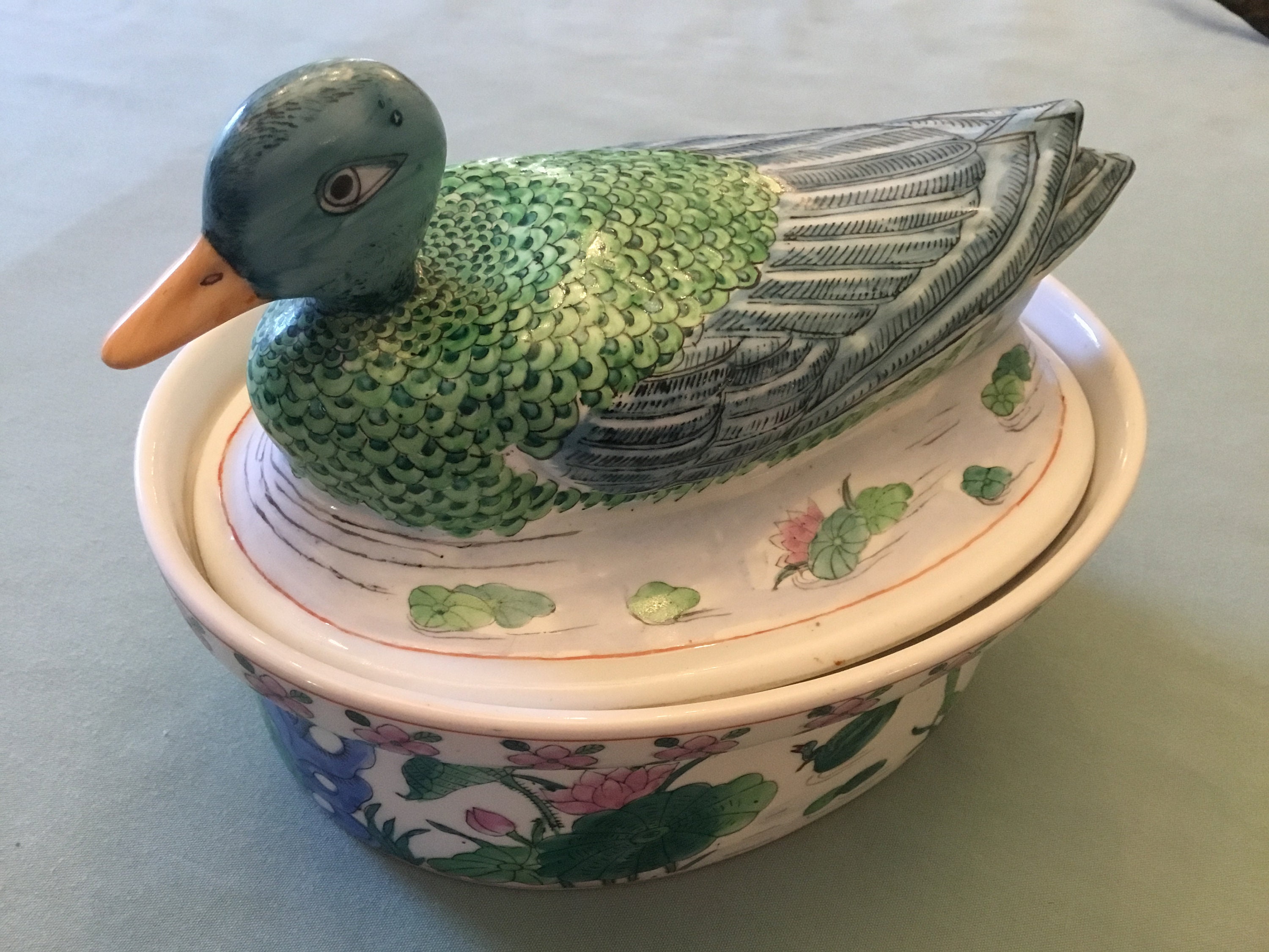 Vintage Porcelain Chinoiserie Oval Lidded Hand Painted Nesting Duck ...