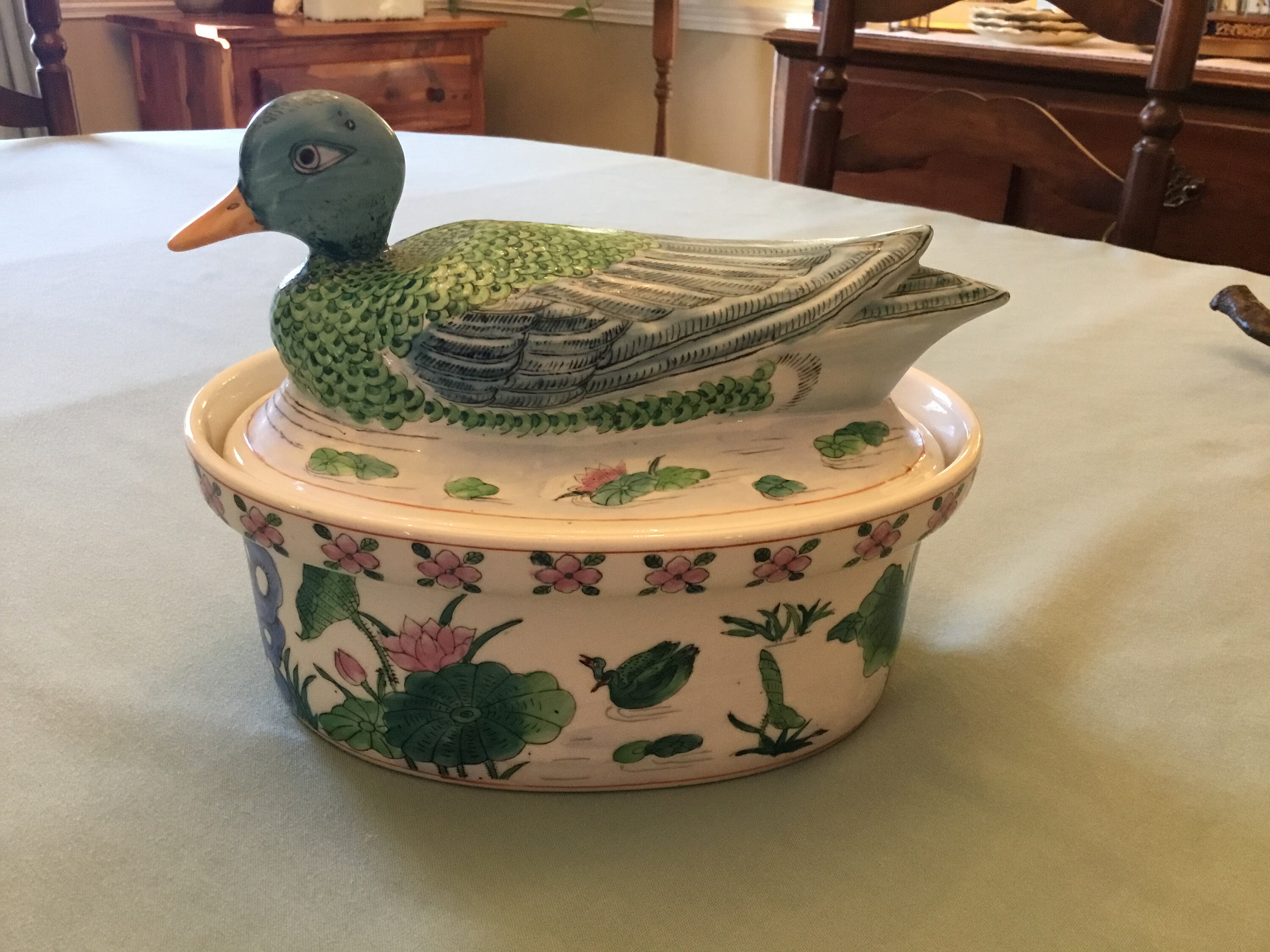 Vintage Porcelain Chinoiserie Oval Lidded Hand Painted Nesting Duck ...