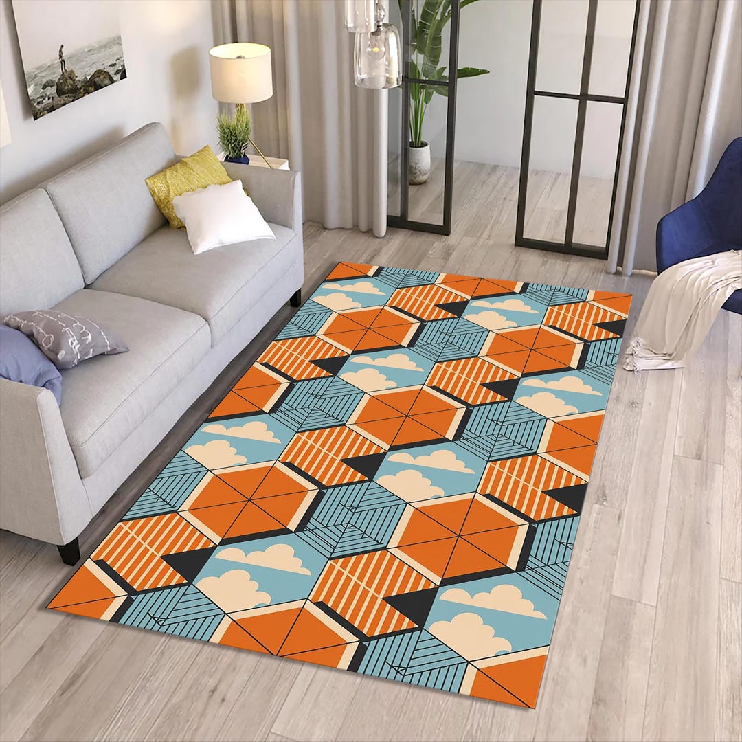 Retro Isometric Clouds Rug | Geometric Orange Blue Living Room Decor ...