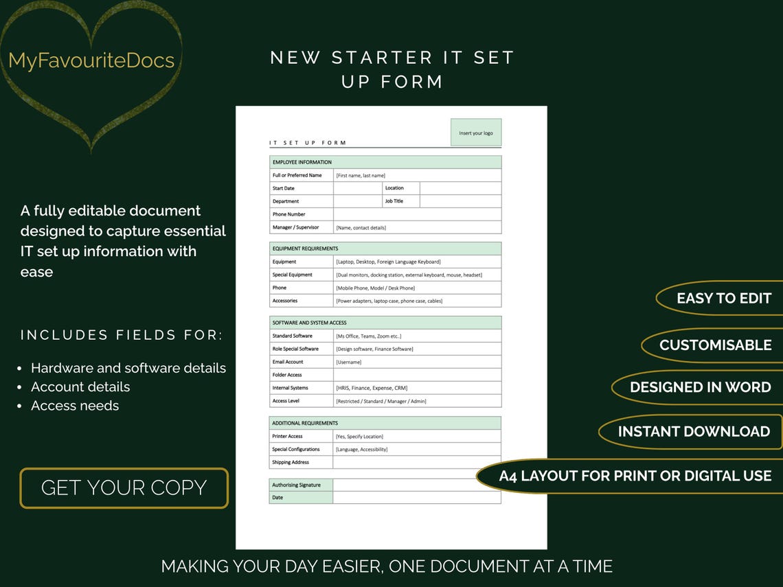 IT Setup Form Template | Employee Equipment Request | New Starter IT ...