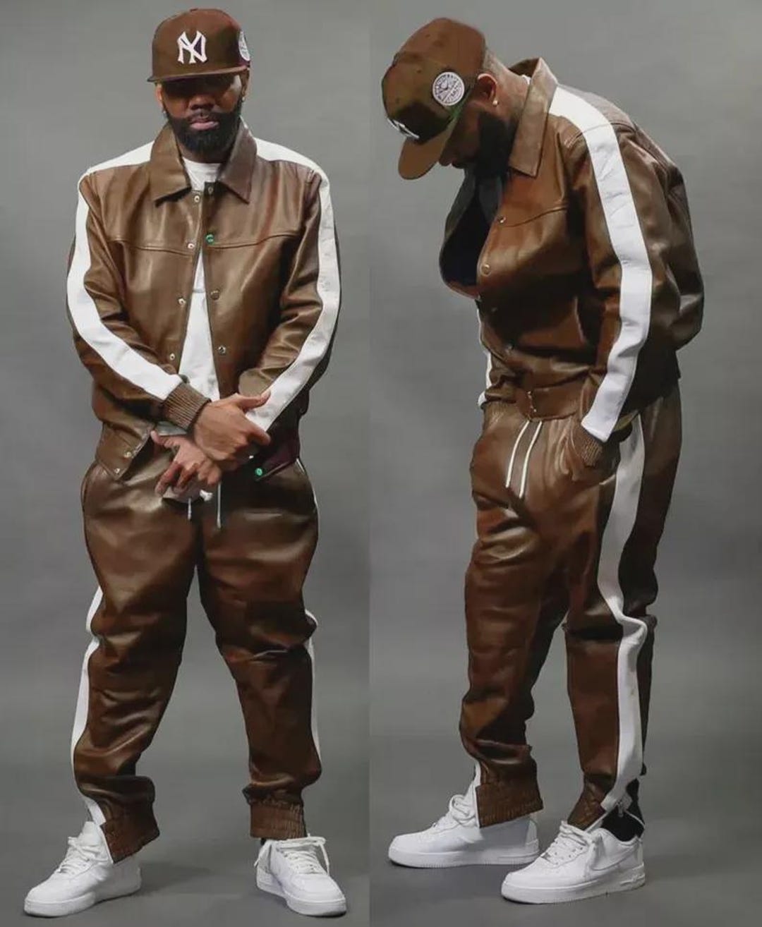 Men's Brown Lambskin Leather Tracksuit | Handmade White Stripe Jogger ...