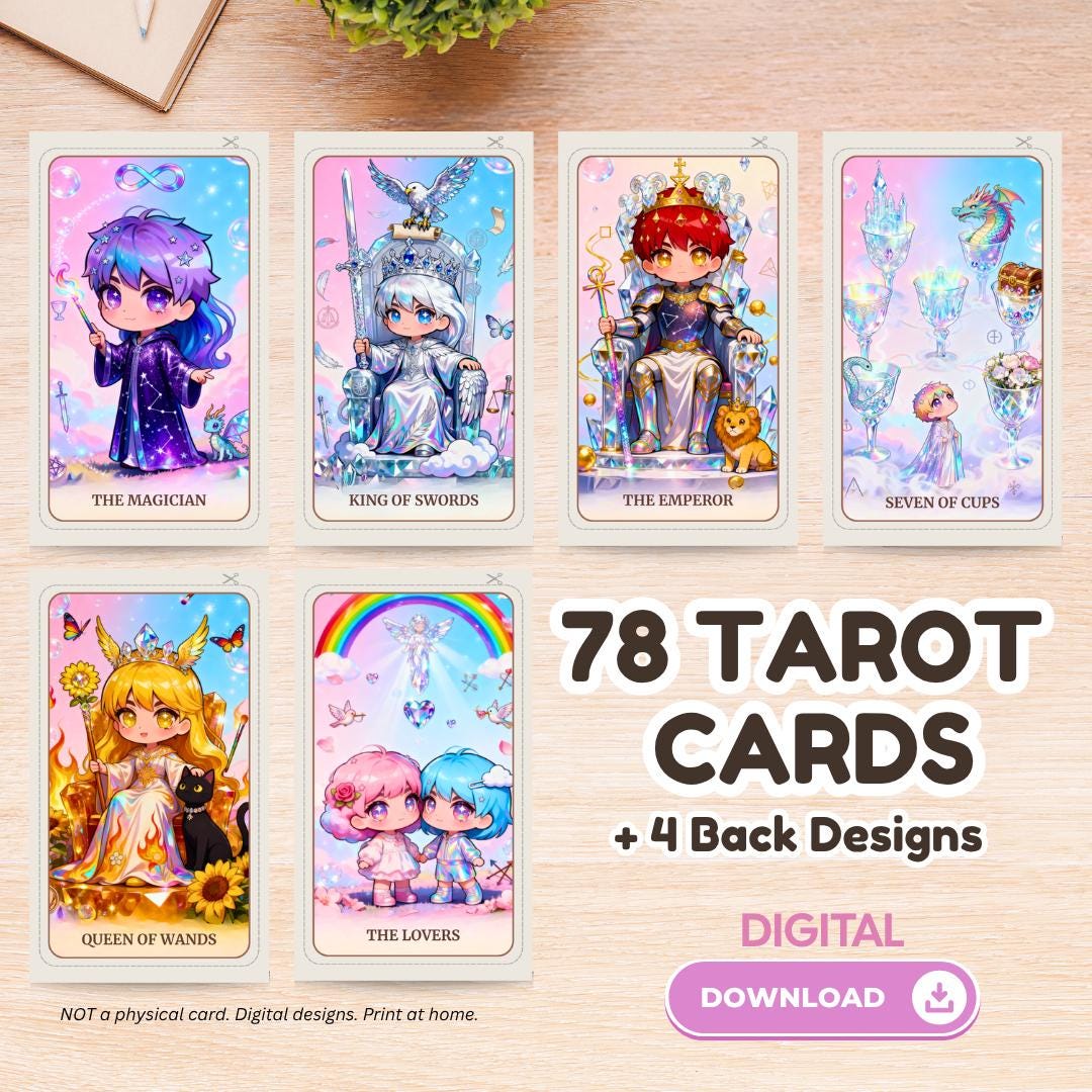 82 Kawaii Chibi Japanese Tarot Cards Printable Deck, Cute Bold Anime ...