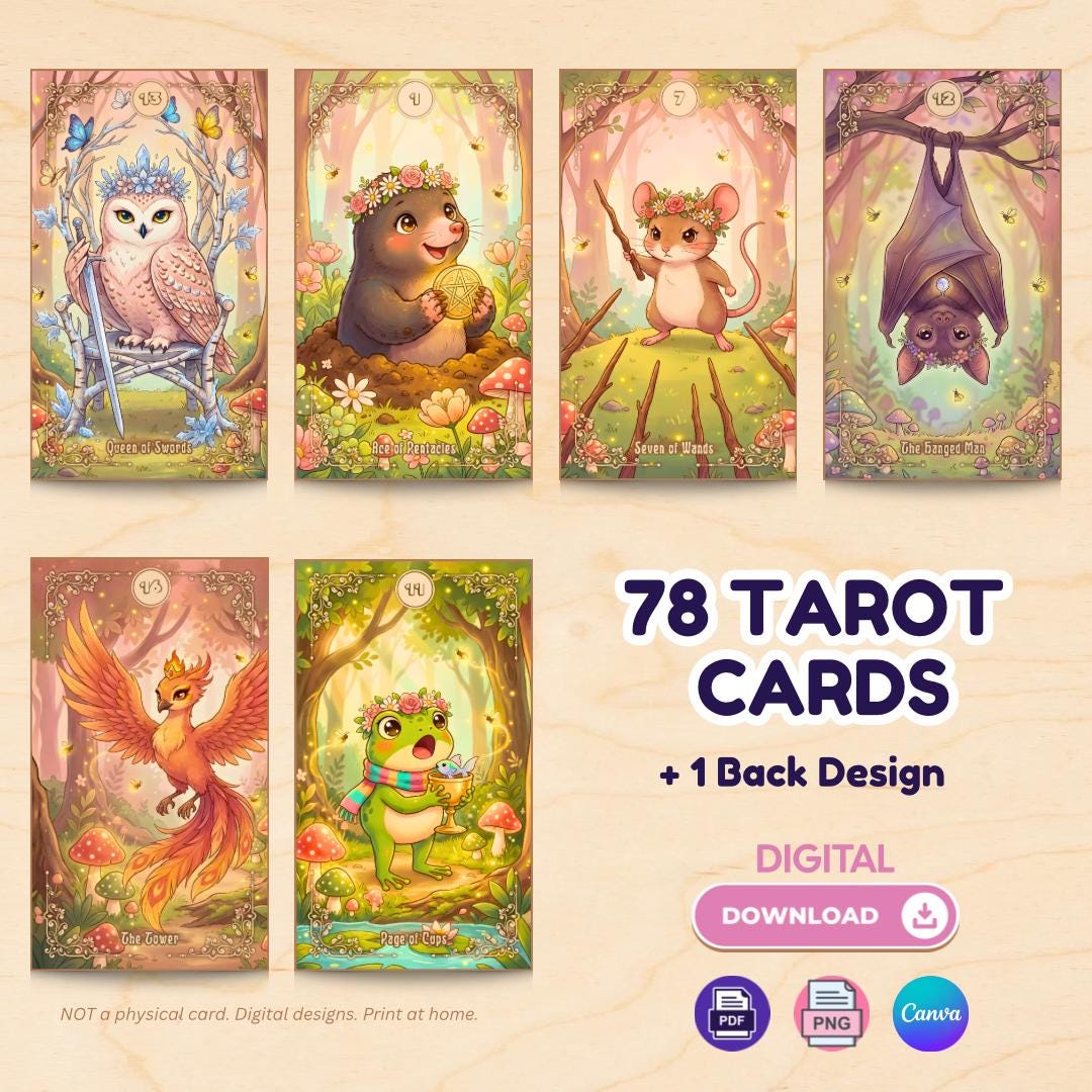 79 Cute Kawaii Animals Tarot Cards Printable Deck, Cute Bold Anime ...