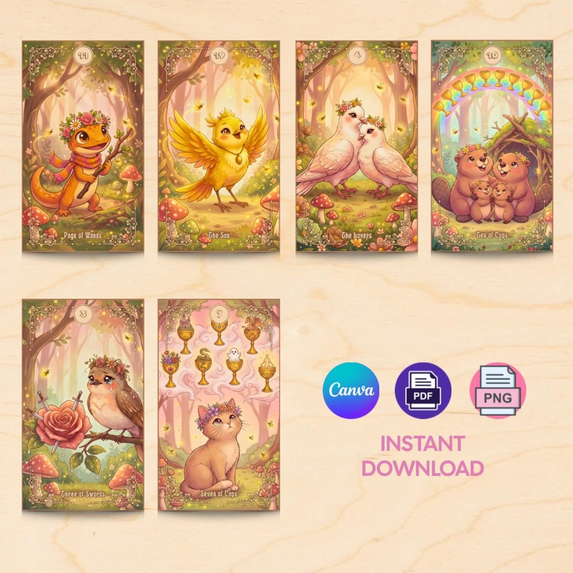 79 Cute Kawaii Animals Tarot Cards Printable Deck, Cute Bold Anime ...