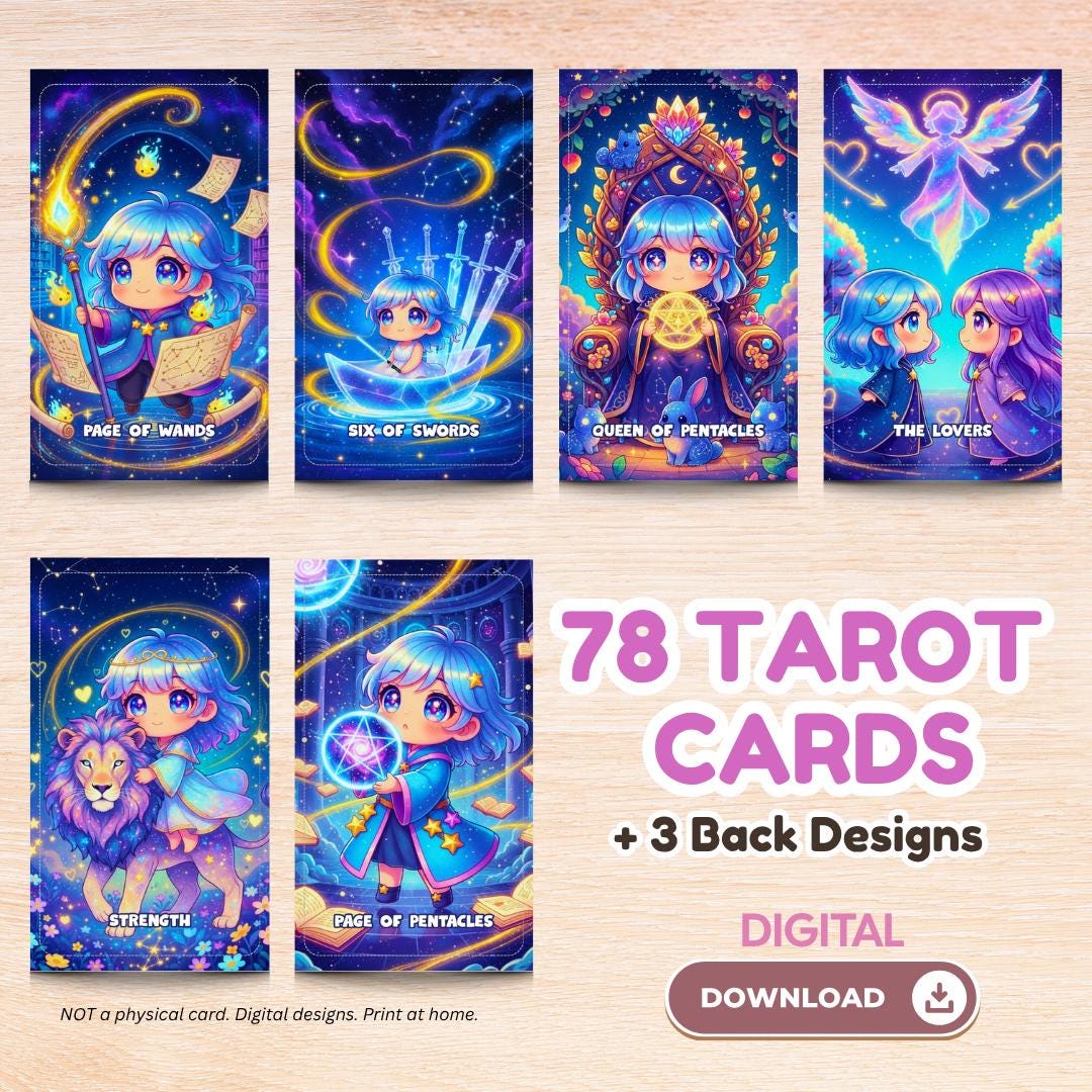 Cute Cosmic Kawaii Chibi Japanese Printable Tarot Cards Deck, Bold ...