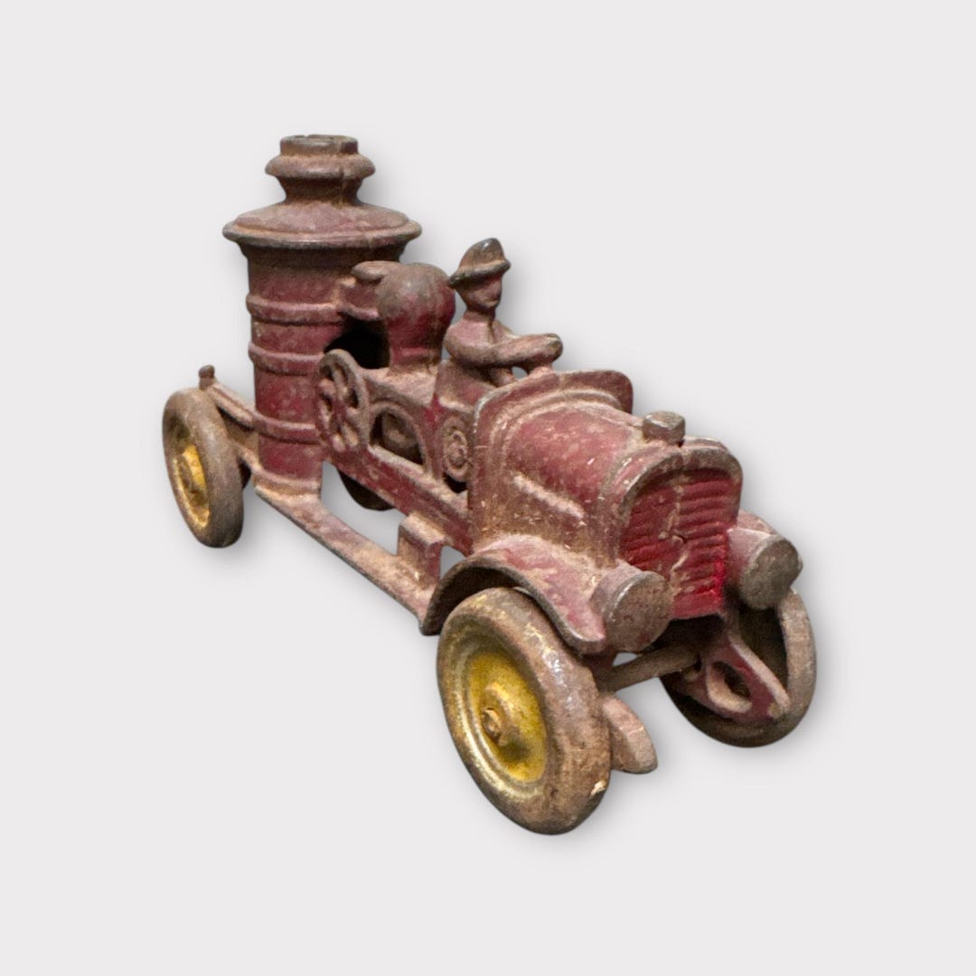 Antique Kenton Cast Iron Pumper Fire Brigade Red W/driver & Yellow Hubs ...