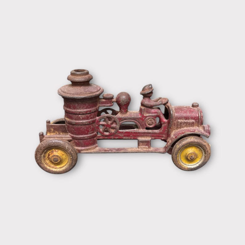 Antique Kenton Cast Iron Pumper Fire Brigade Red W/driver & Yellow Hubs ...