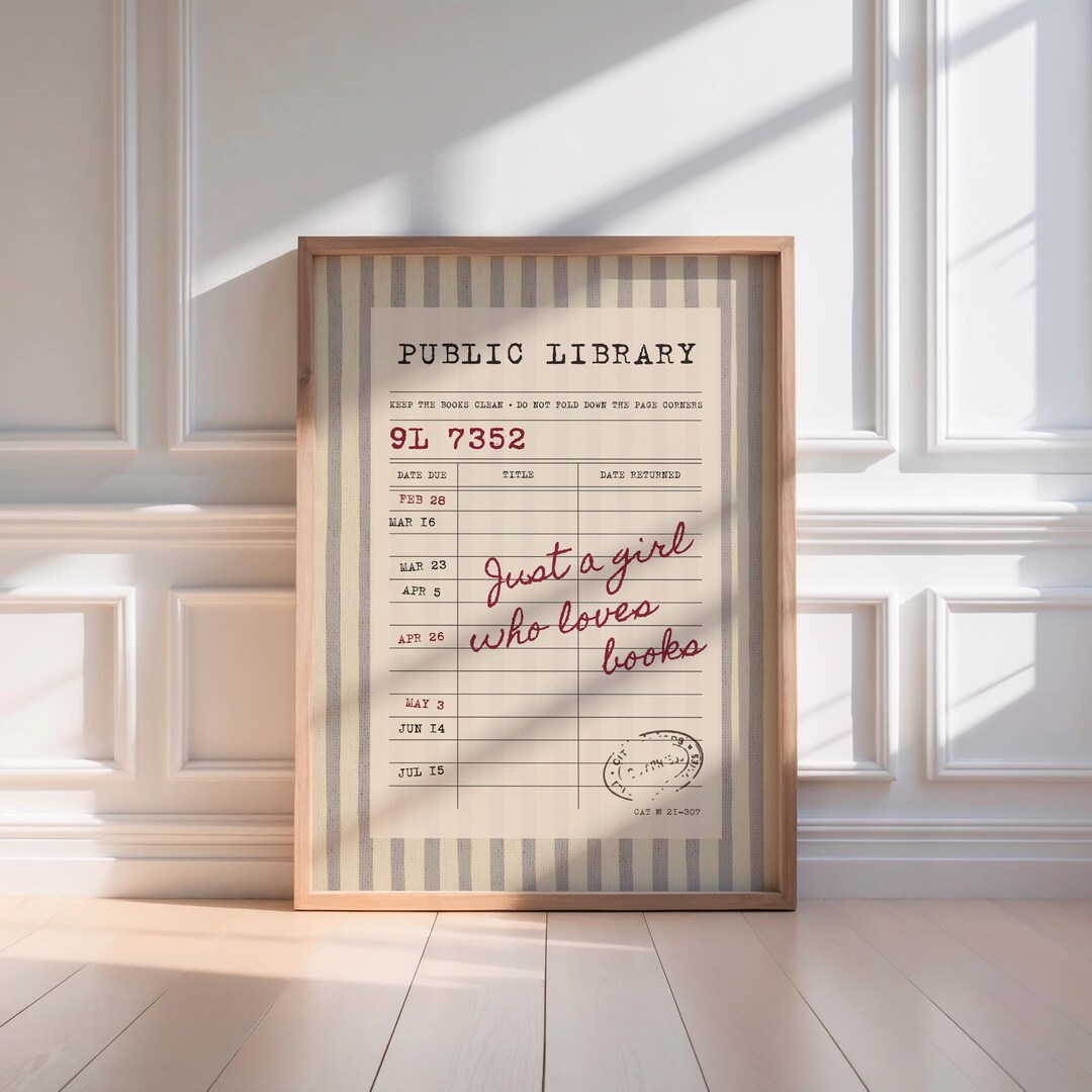 Vintage Library Card Poster, Neutral Striped Wall Art, Book Lover Print ...