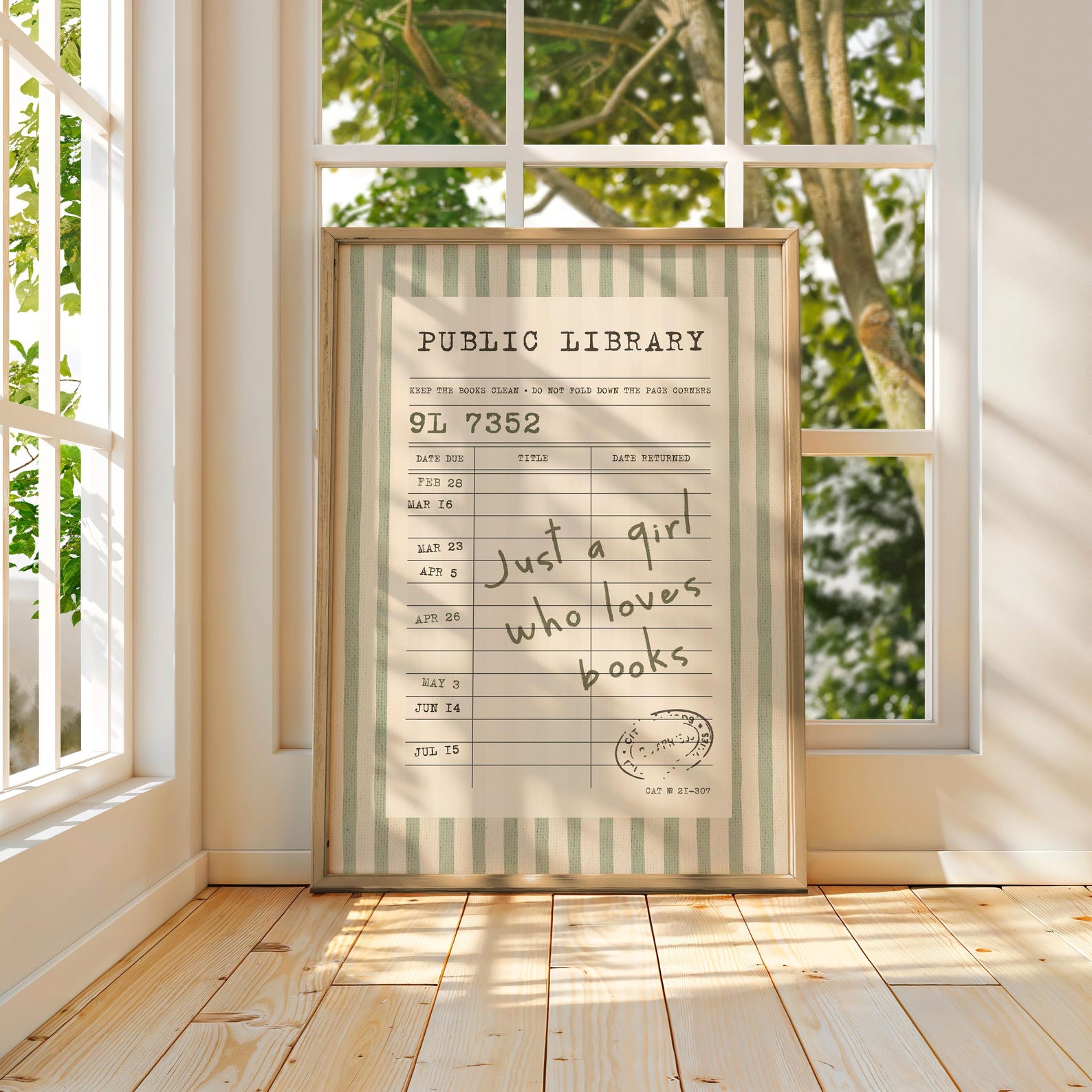 Vintage Library Card Poster, Sage Green Striped Wall Art, Just a Girl ...