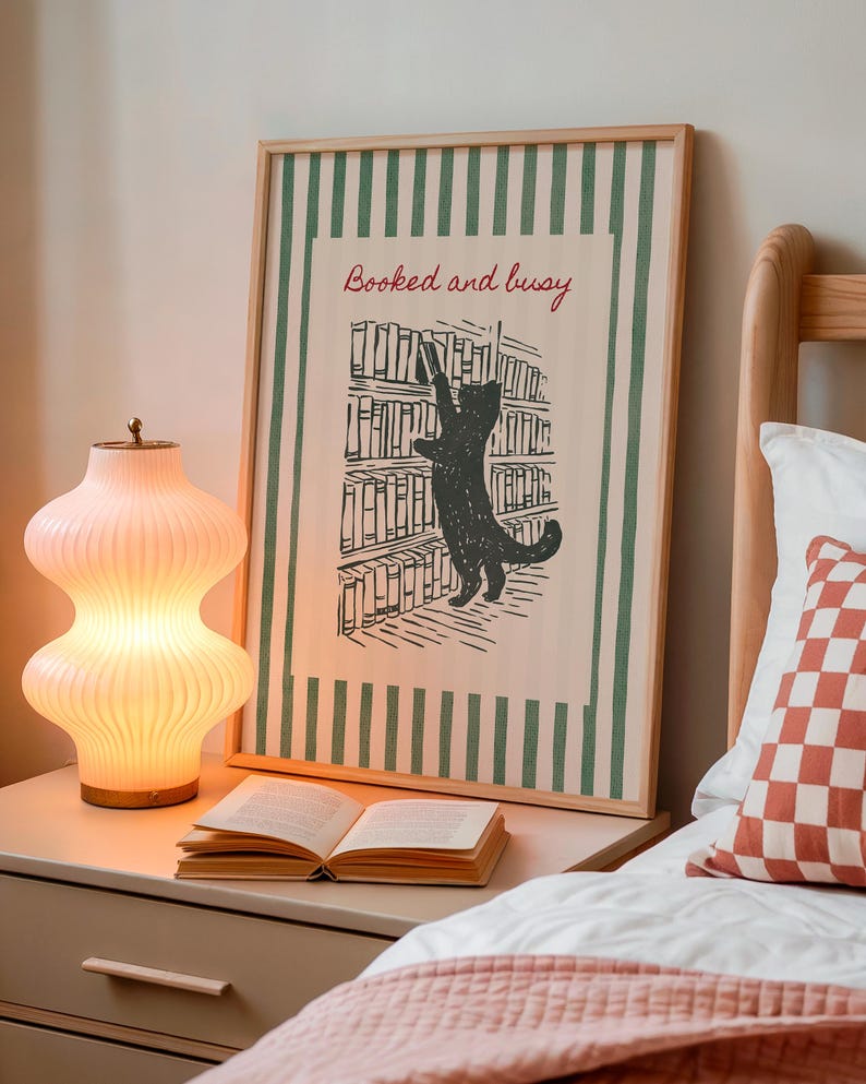 Booked and Busy Wall Art, Cat Reading Library Poster, Vintage Green ...