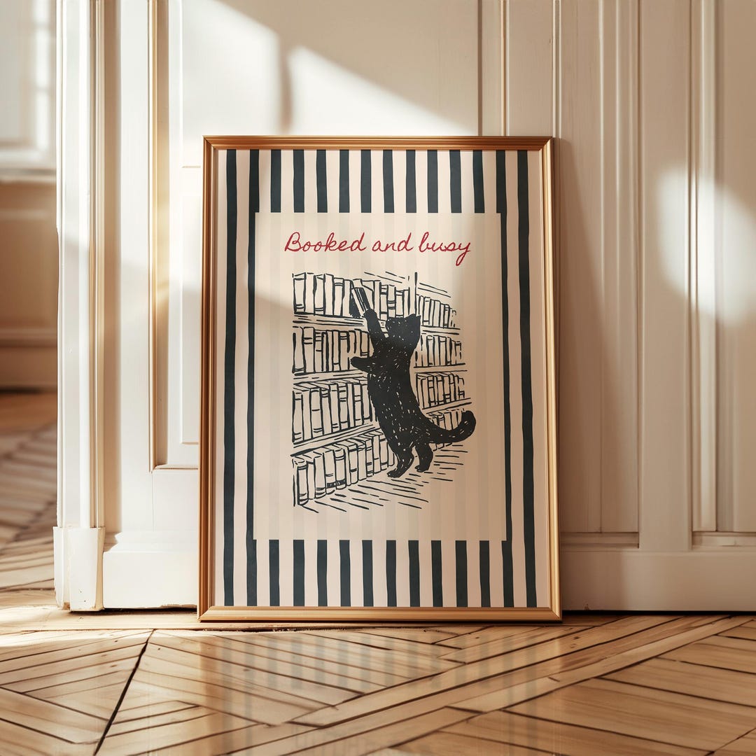 Booked and Busy Wall Art, Cat Library Poster, Vintage Book Lover Print ...