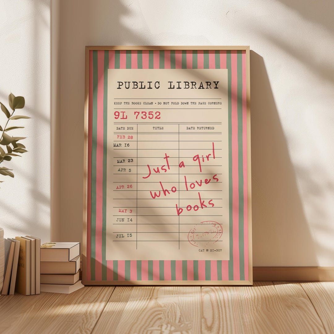 Vintage Library Card Poster, Just a Girl Who Loves Books Print, Pink ...