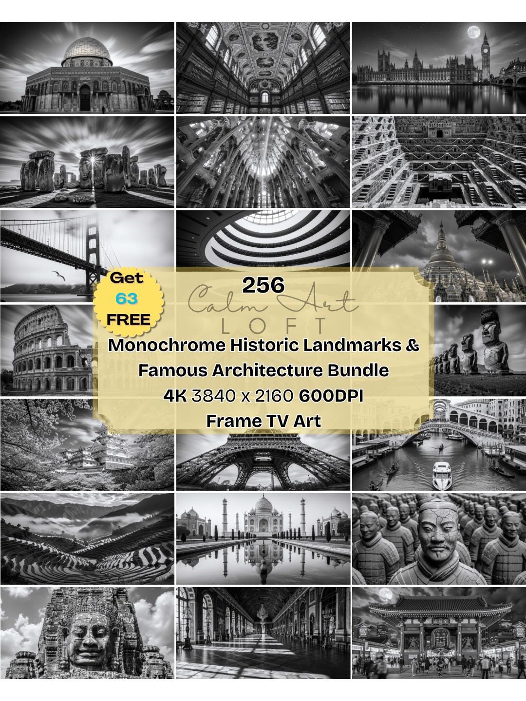 Monochrome Historical Landmarks Samsung Frame TV Bundle Grayscale ...