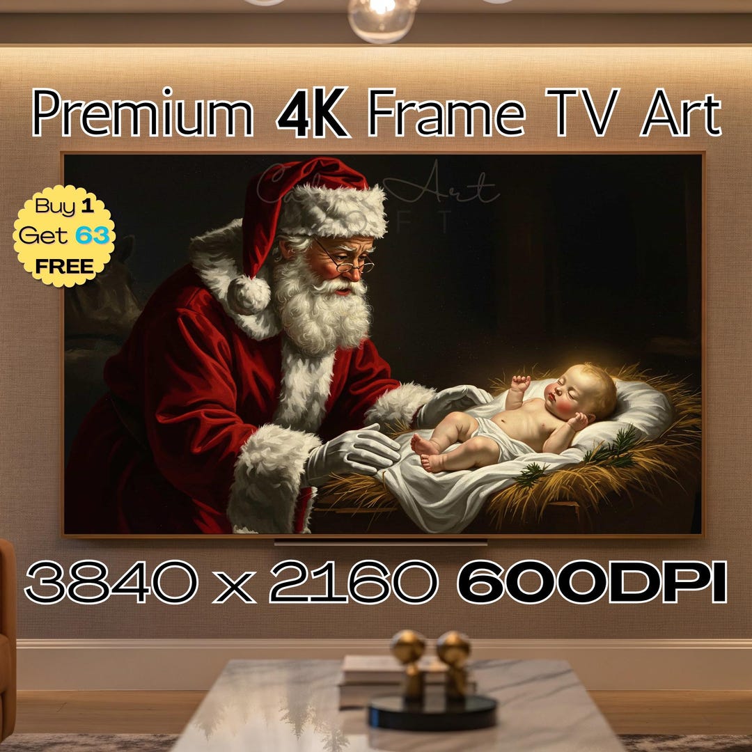 Santa Adoring Baby Jesus Nativity Frame TV Art Religious Christmas ...