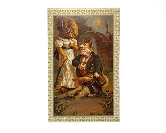 Vintage Romantic Postcard Rabbit and Cat Proposal Victorian - Etsy
