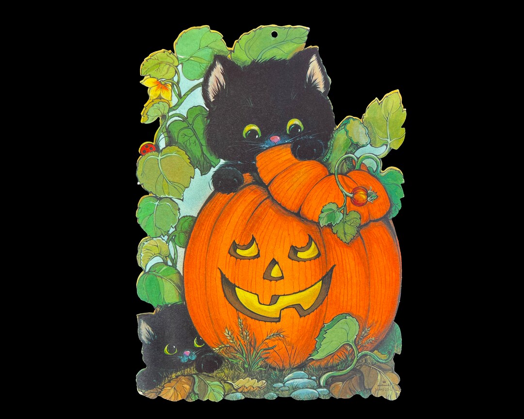 Vintage Halloween Black Cat Kittens Pumpkin Patch Cardboard Die Cut ...