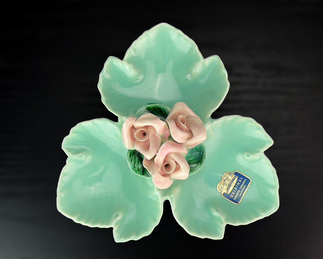 MCM Tray Candy Nut Dish Teal Leaves With Roses Fleurette Original ...