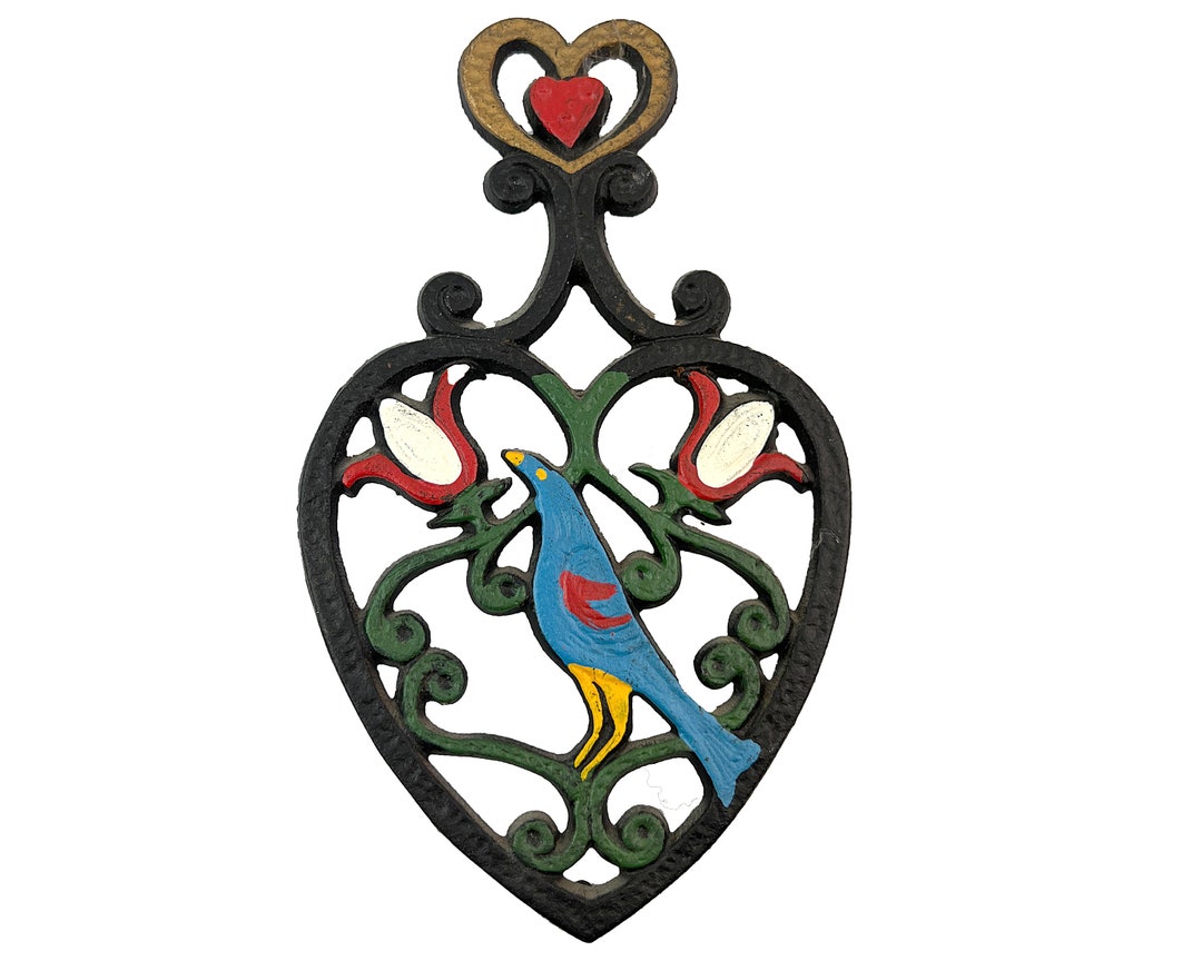 Vintage Trivet Pennsylvania Dutch Birds Heart Black Cast Iron Cottage ...