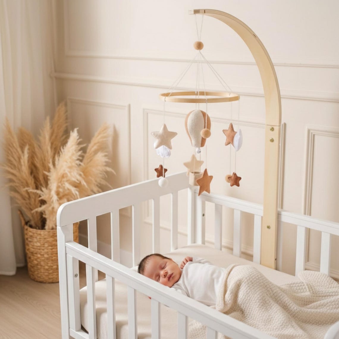 Wooden Baby Crib Mobile With Hot Air Balloon Felt Toys | Musical ...