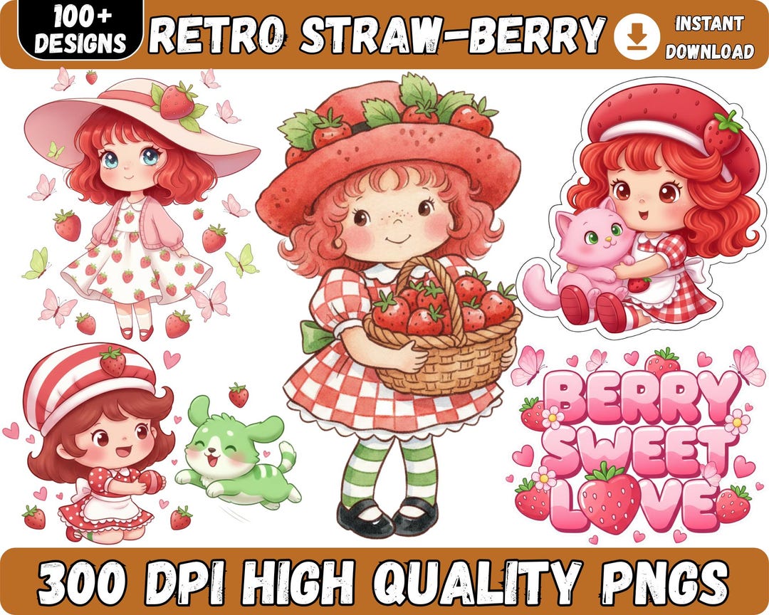 100+ Retro Straw-bery Sh0rt-cake PNG Bundle, Cartoon Girl Clipart ...