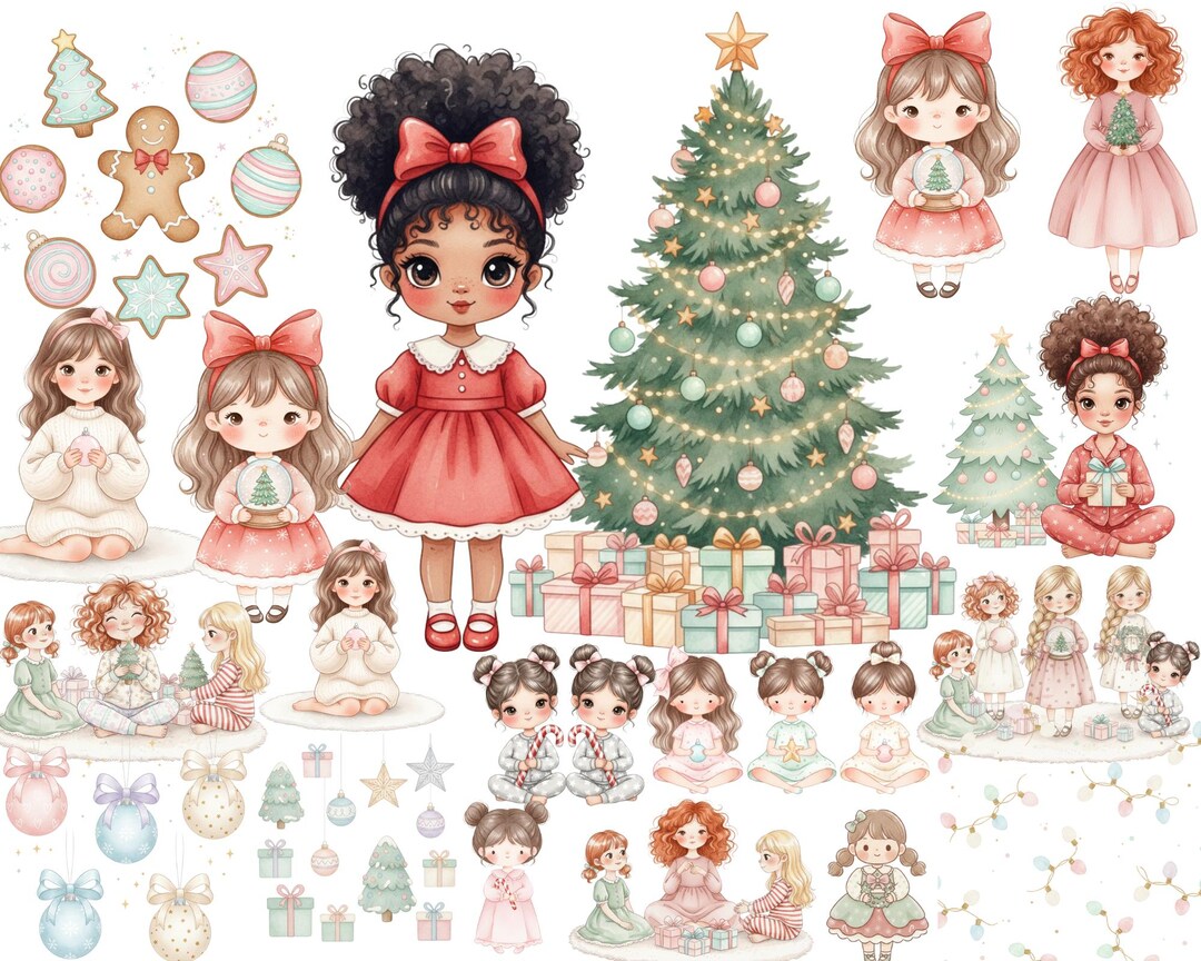 Watercolor Christmas Girl Clip Art, Christmas Tree, Christmas Card ...