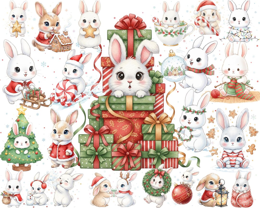 Christmas Bunny Clipart Cute Watercolor Winter, Xmas Trees Gift Cozy ...