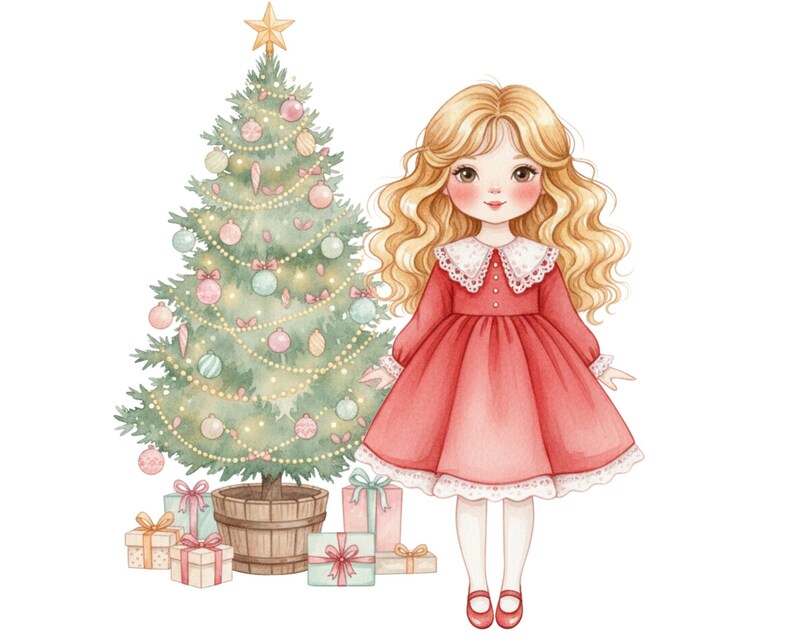 Watercolor Christmas Girl Clip Art, Christmas Tree, Christmas Card ...