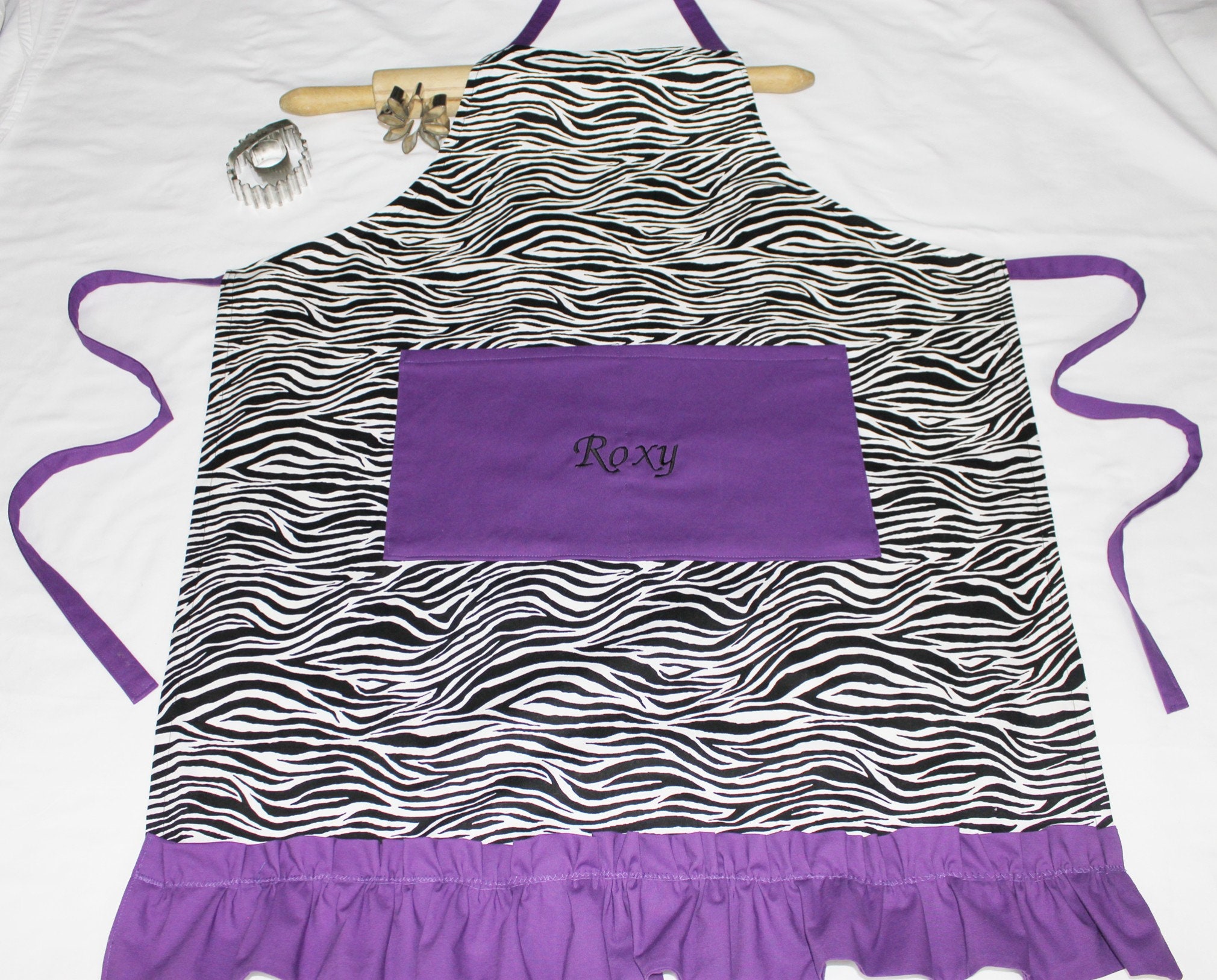 Personalized and Ruffled Zebra Adult Apron - Accent Fabric Can Be ...