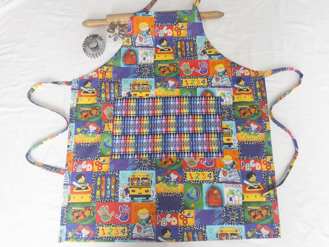Adult Apron - School Buses and Crayons With Crayon Pocket - Ready to ...