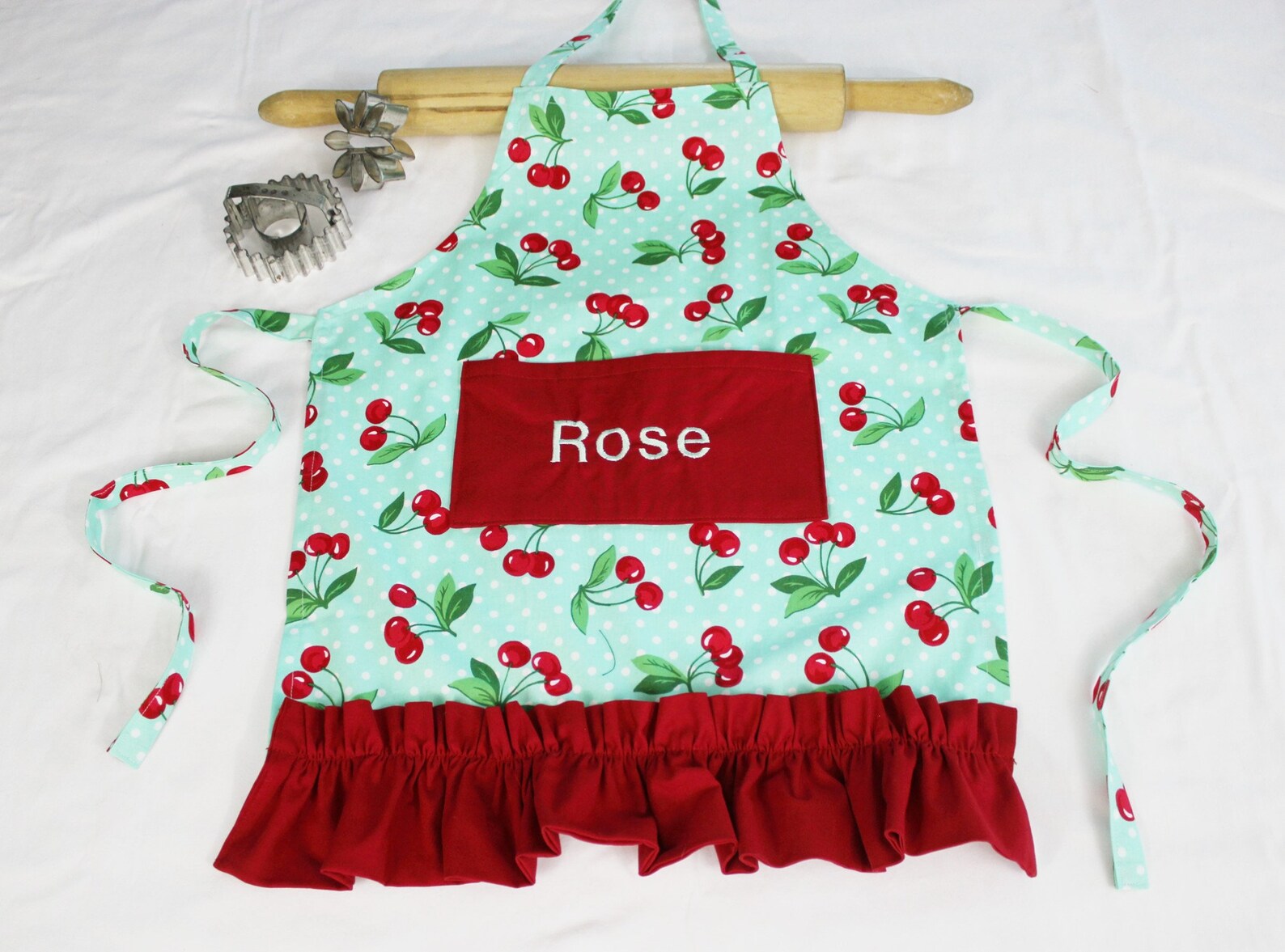 Personalized Retro Cherries on Aqua Ruffled Child Apron With | Etsy