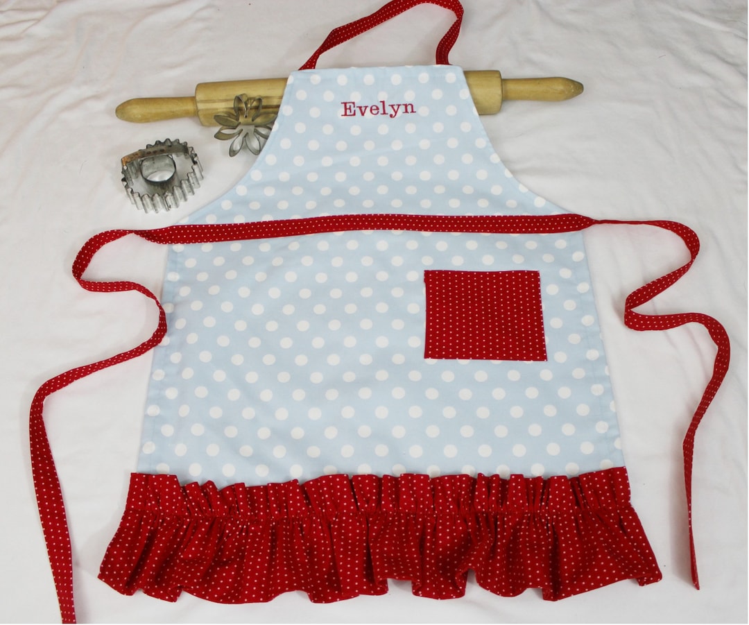 Personalized and Ruffled Light Blue and Red Polka Dotted Child Apron ...