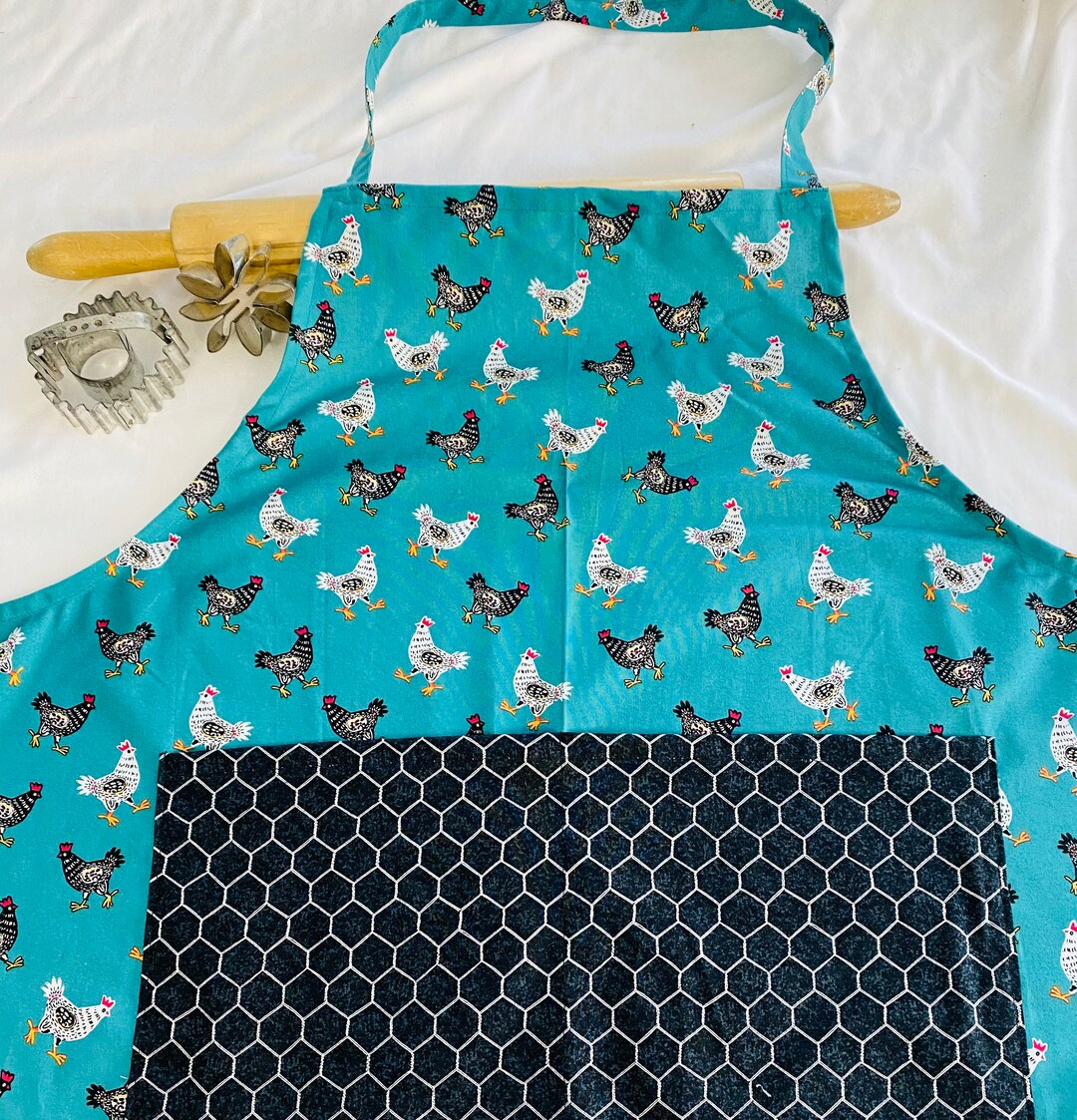 Plus Size Chickens on Teal Apron With Black Chicken Wire Pocket - Ready ...
