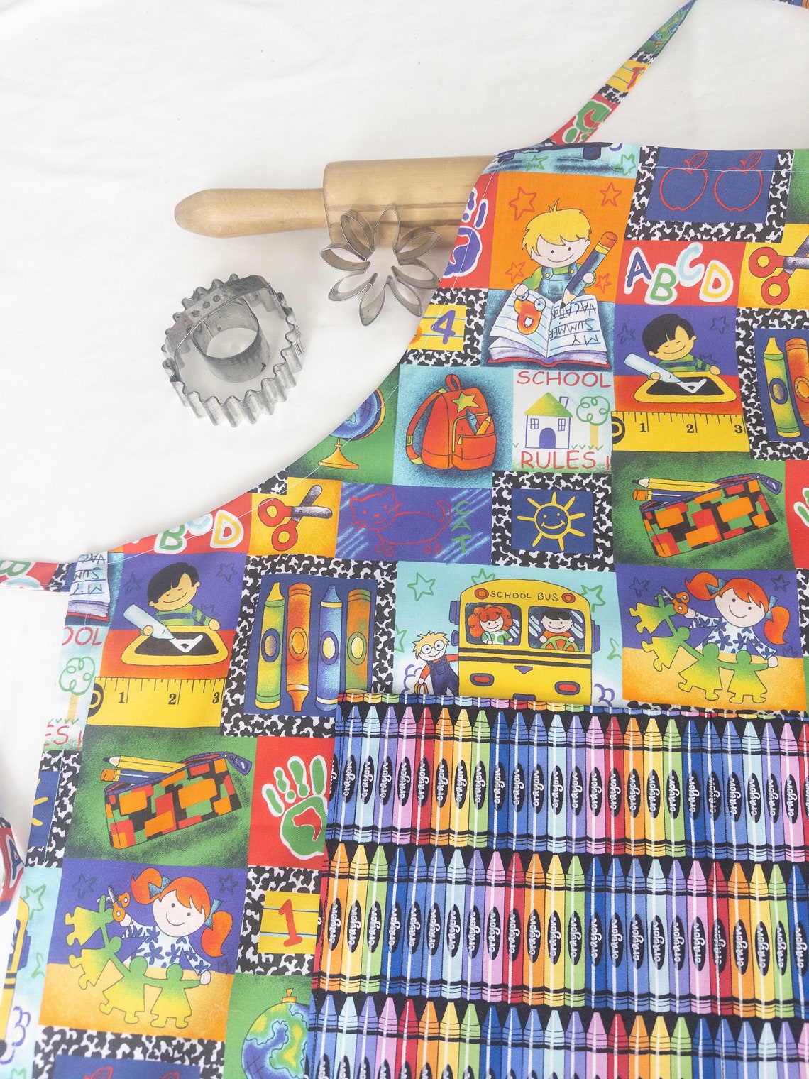Adult Apron - School Buses and Crayons With Crayon Pocket - Ready to ...
