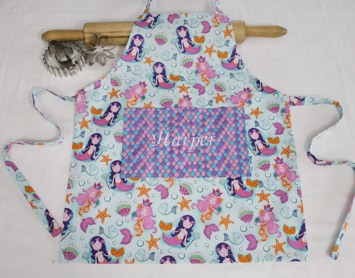 Personalized Child Apron - Mermaids With Mermaid Scales Pocket - Made ...