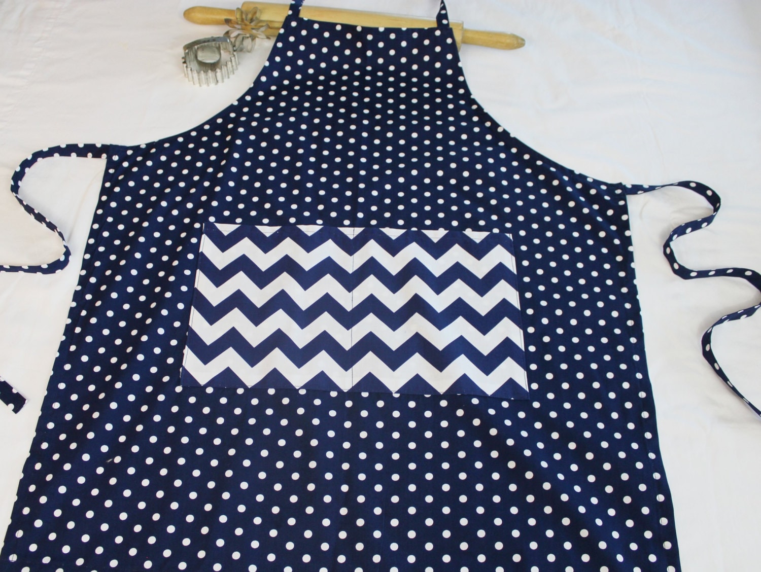Navy and White Polka Dots 'n Chevron Adult Apron - Ready to Ship - Etsy