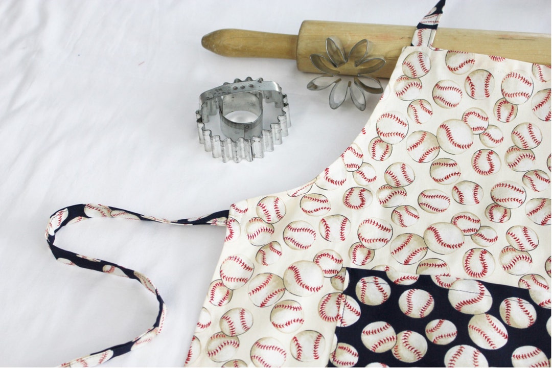 Baseballs on Cream Child Apron With Blue Baseball Straps and Pocket ...